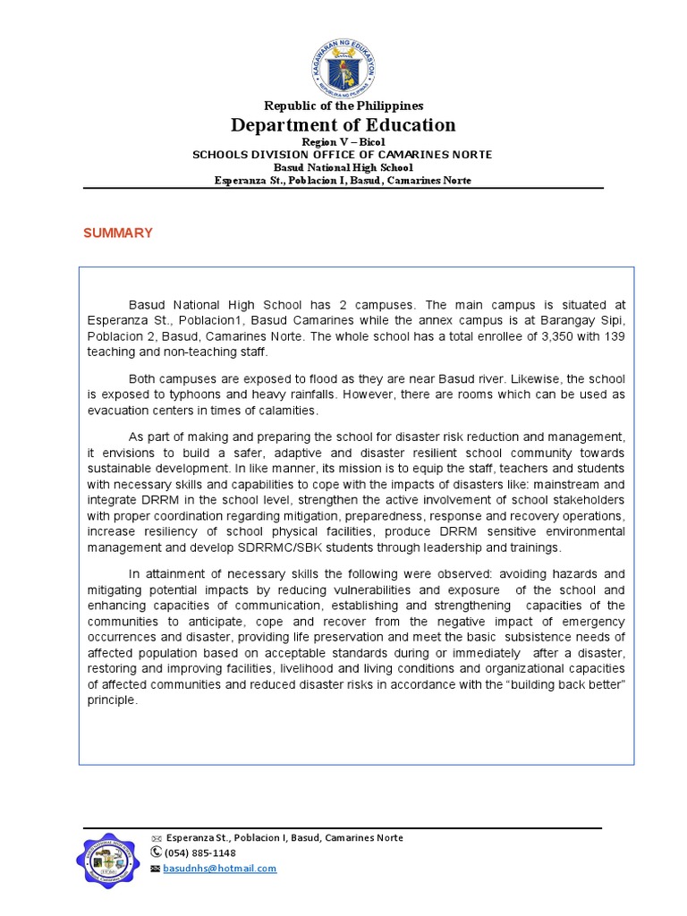 Basud National High School DRRM Plan | PDF | Emergency Management | Safety