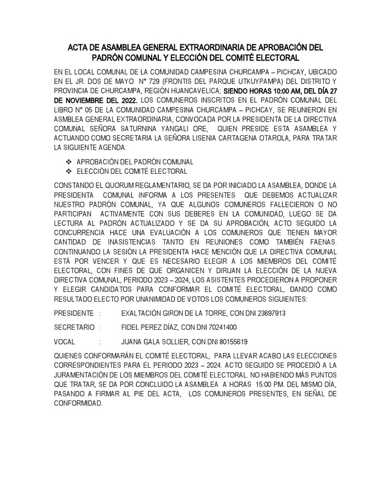 Acta de Asamblea General Extraordinaria de Elección Del Comité Electoral | PDF | Gobierno ...