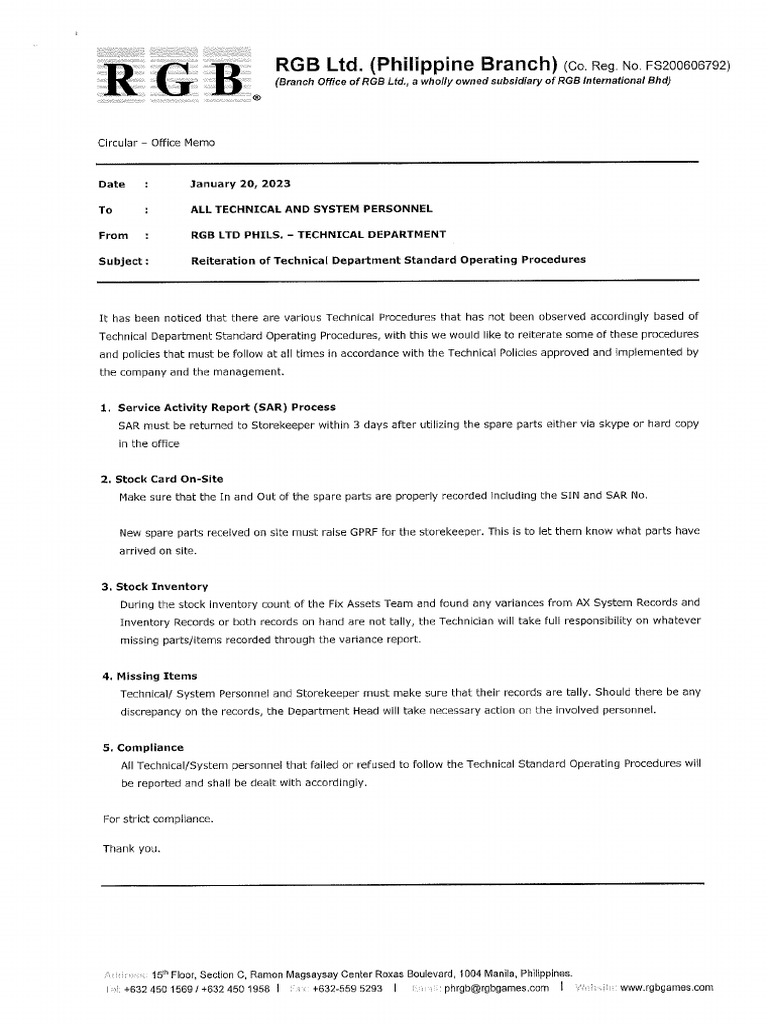 Technical Department Standard Operating Procedures Acknowledgement | PDF