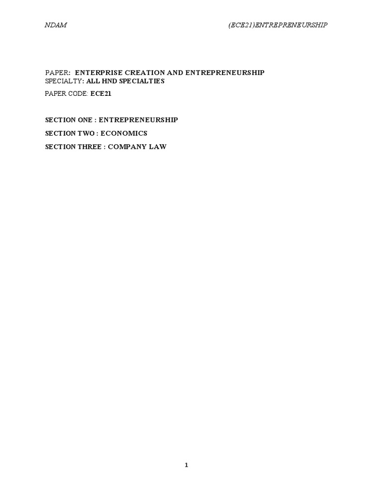 Entrepreneurship and Enterprise Creation-1 | PDF | Entrepreneurship | Small And Medium Sized ...