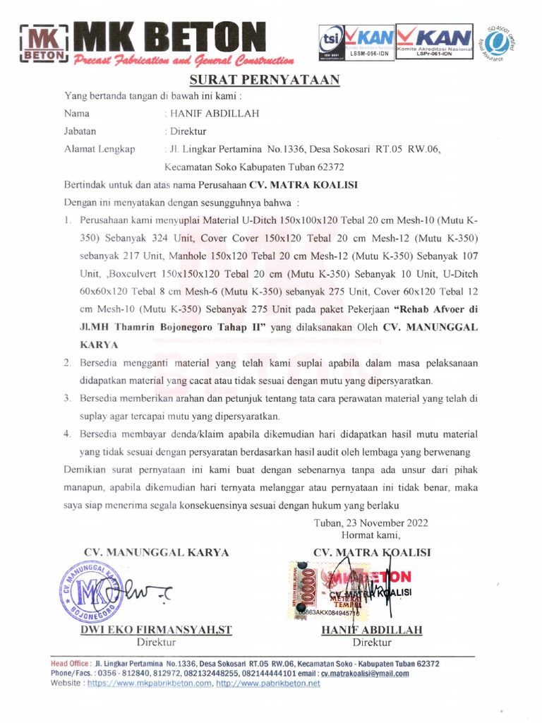 SURAT PERNYATAAN PABRIKAN DAN UJI BETON | PDF
