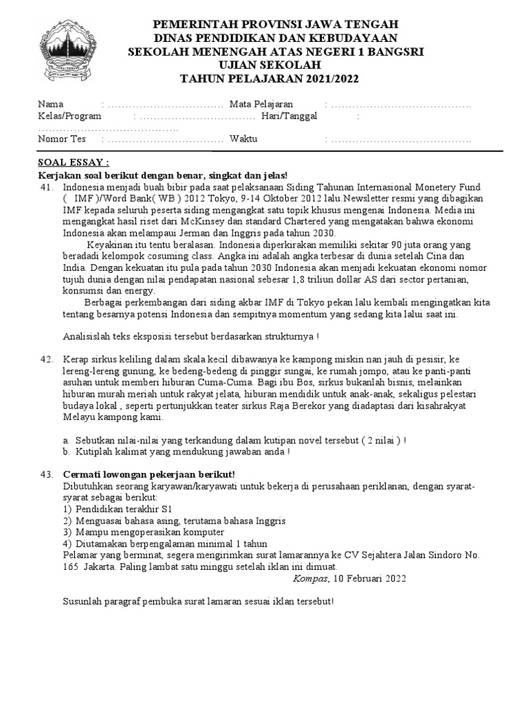 Soal Ujian Essay Kelas 6 SD 2021/2022 | PDF