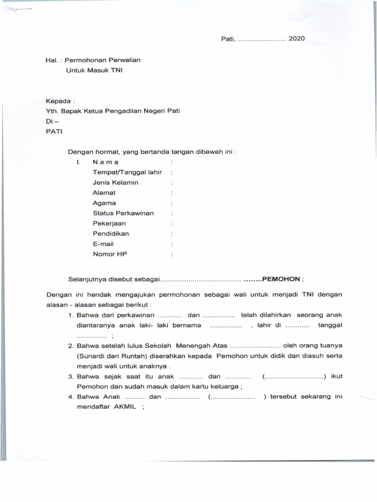 Form Permohonan Perwalian Untuk Masuk TNI | PDF