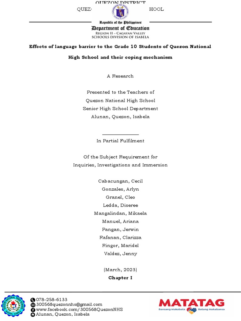 Group 3 Effects of Language Barrier To The Grade 10 Students of Quezon ...
