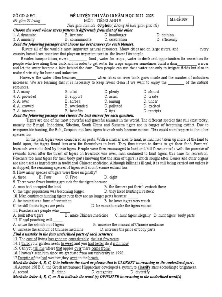 ĐỀ 509 | PDF | Tiger | Hunting