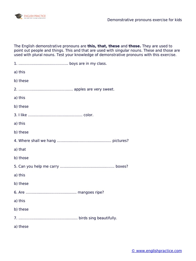 Demonstrative Pronouns Exercise For Kids | PDF