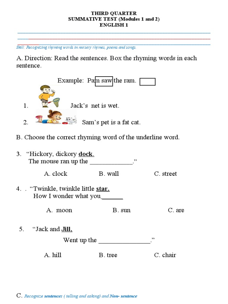 Grade 3 English Rhyming Assessment | PDF