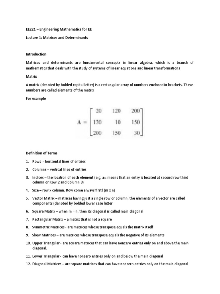 Lecture 1 Matrices and Determinants | PDF | Matrix (Mathematics) | Determinant