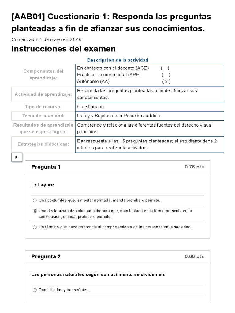 Examen - (AAB01) Cuestionario 1 - Responda Las Preguntas Planteadas A Fin de Afianzar Sus ...