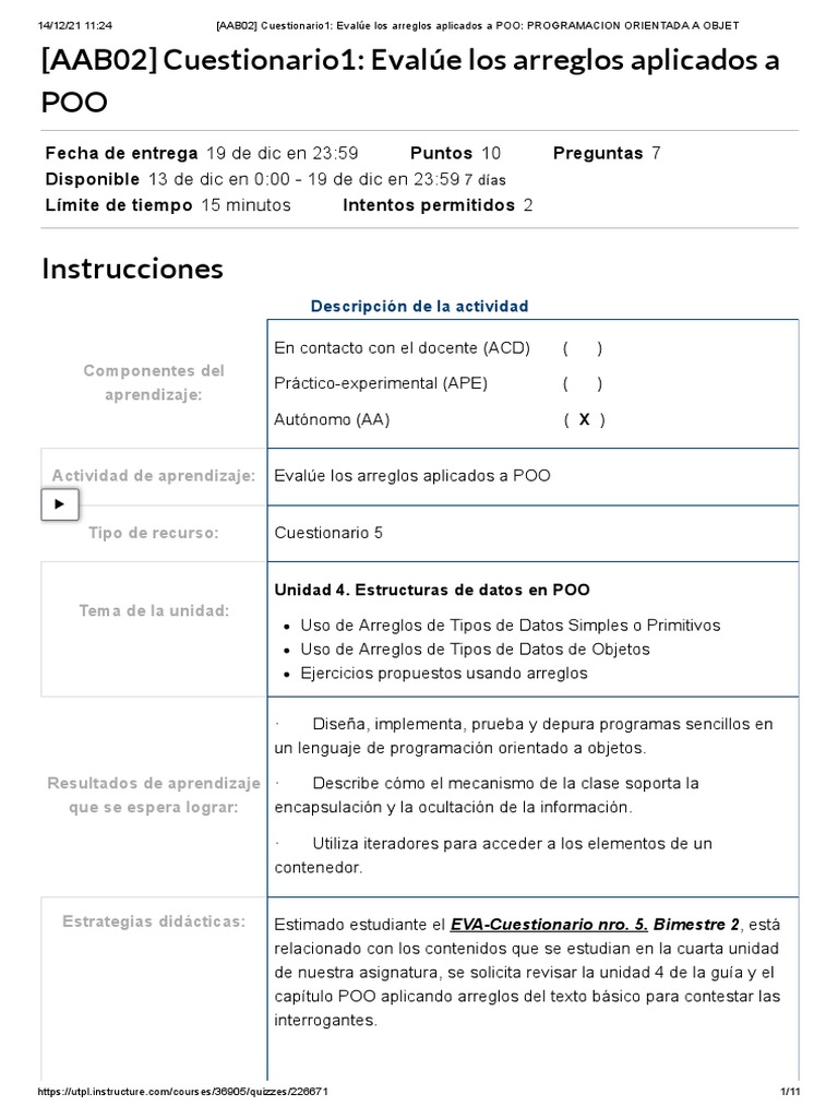 AAB02 Cuestionario1 Eval e Los Arreglos Aplicados A POO PROGRAMACION ...