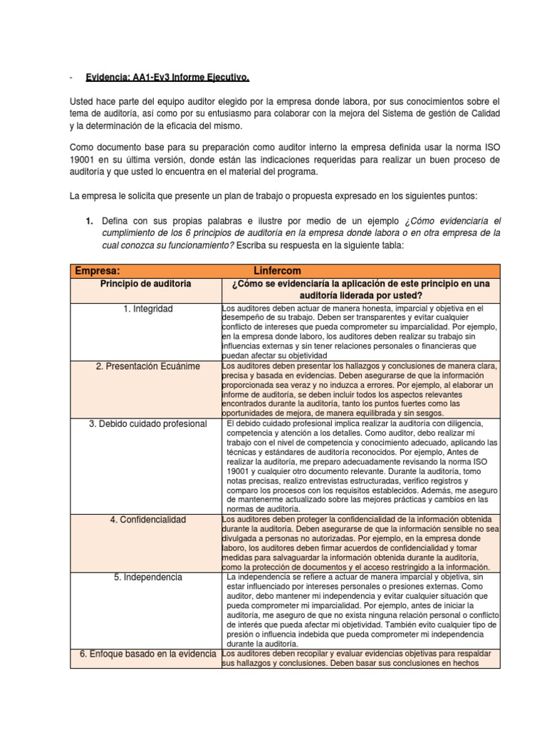 Ejemplo de Un Informe Ejecutivo de Una Auditoria Interna de Calidad ...