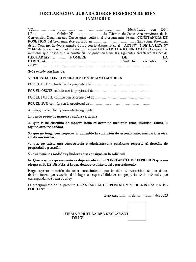 Declaracion Jurada Sobre Posesion de Bien Inmueble | PDF | Propiedad | Ley común