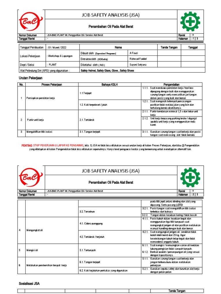 JSA PLANT 22. Penambahan Oli Pada Alat Berat | PDF