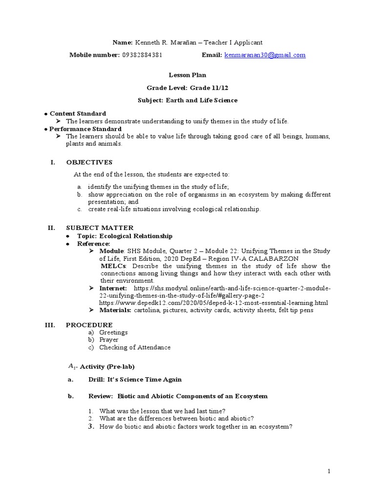Lesson Plan in Earth and Life Science Grade 11 | PDF | Ecosystem | Learning