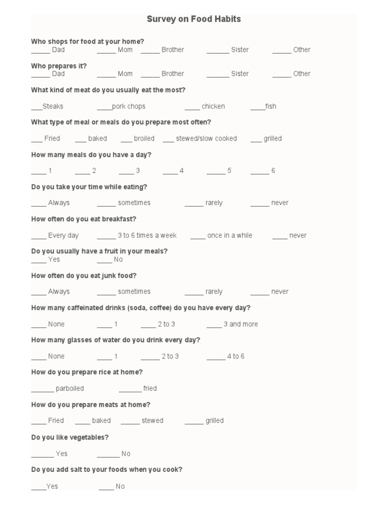 Food Habits Survey Questionnaire | PDF