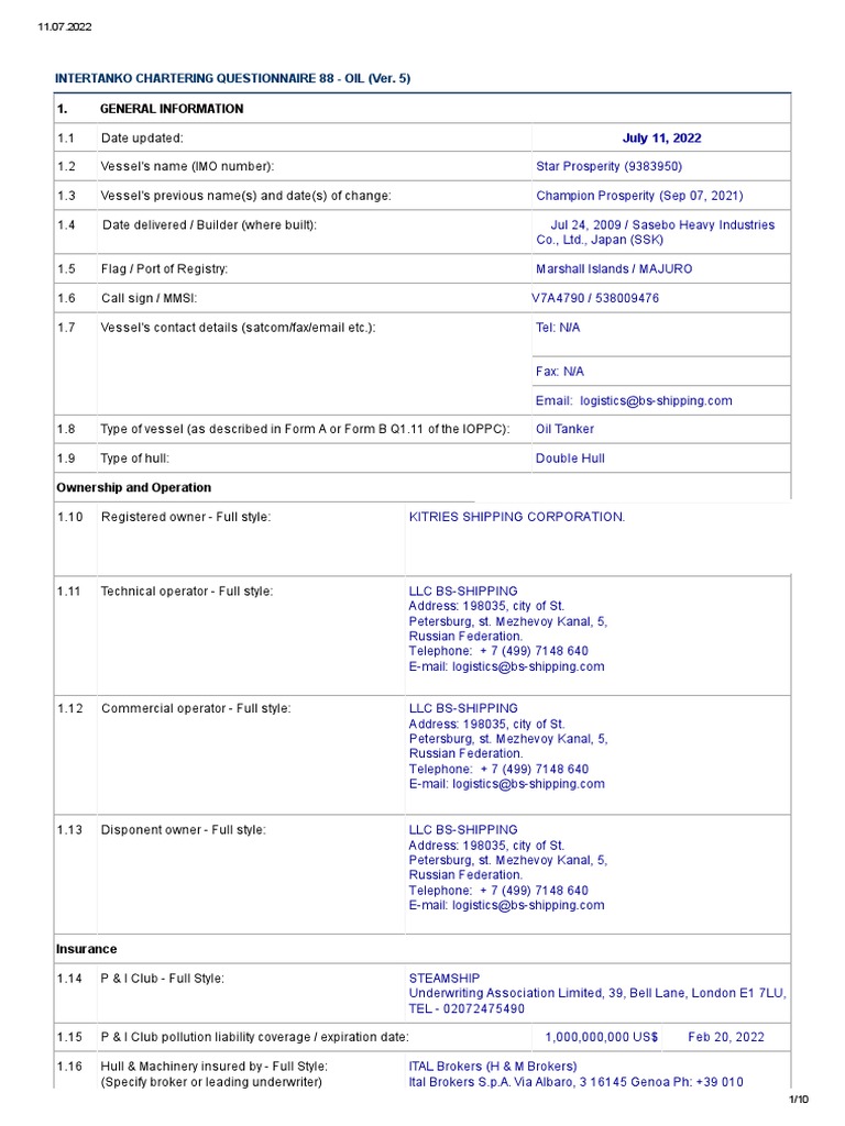 Q88-Vessel Tanker Star Prosperity (9383950) | PDF | Marine Propulsion ...