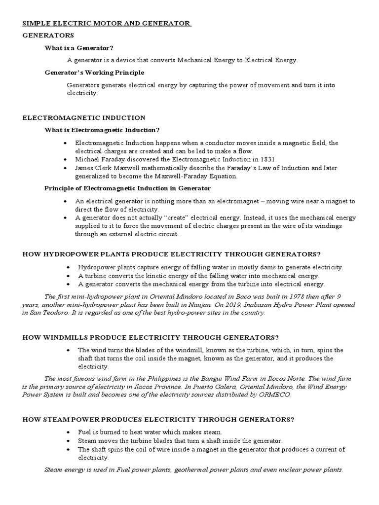 Notes in Generator | PDF | Electric Generator | Electric Motor
