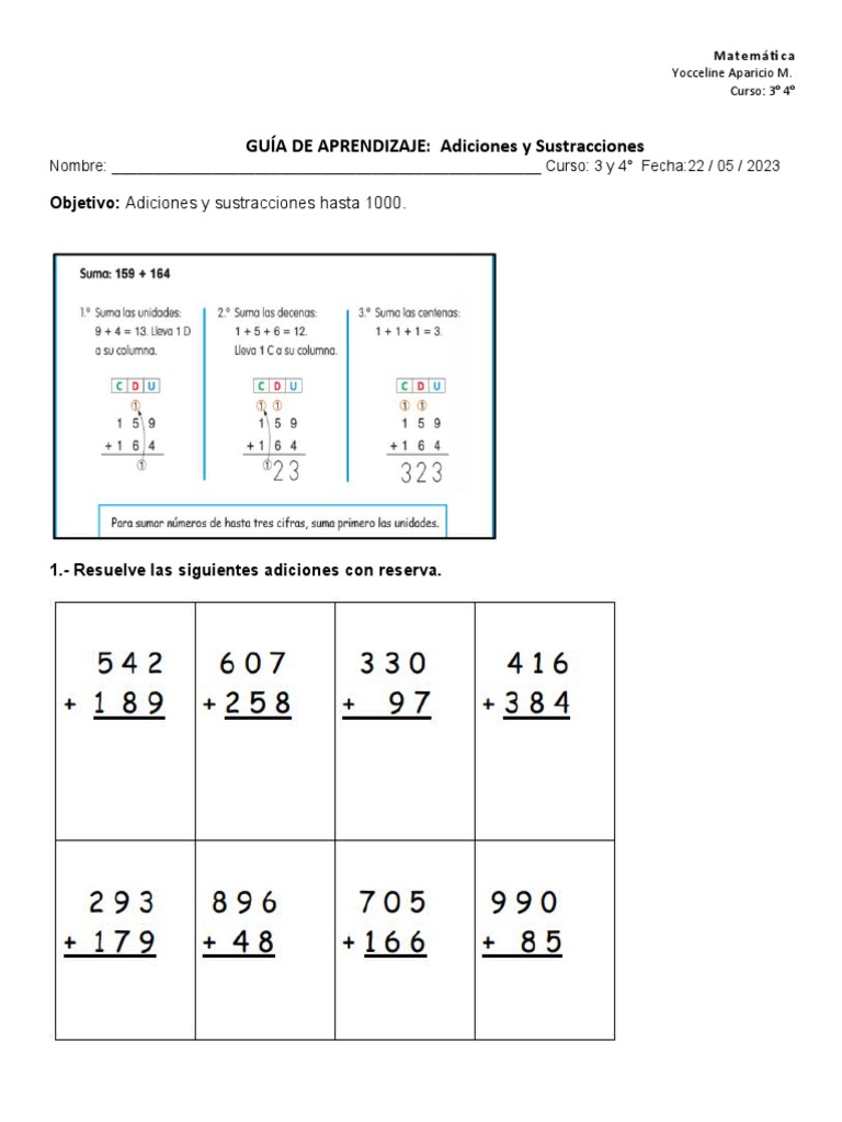 Guia de Repaso de Adiciones y Sustracciones | PDF