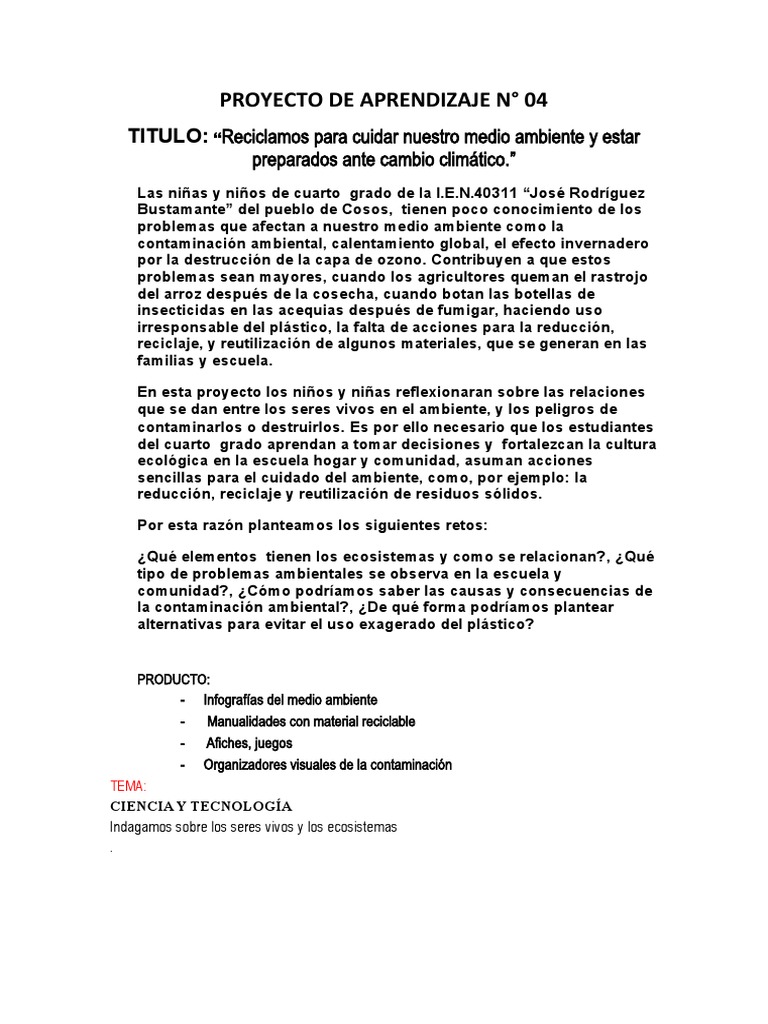 PROYECTO DE APRENDIZAJE N° 04 (MEDIO AMBIENTE). | PDF