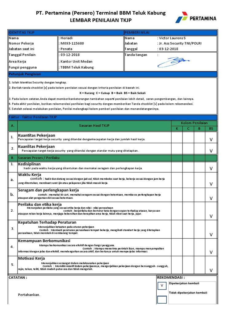 Formulir Lembar Penilaian TKJP 2019 | PDF