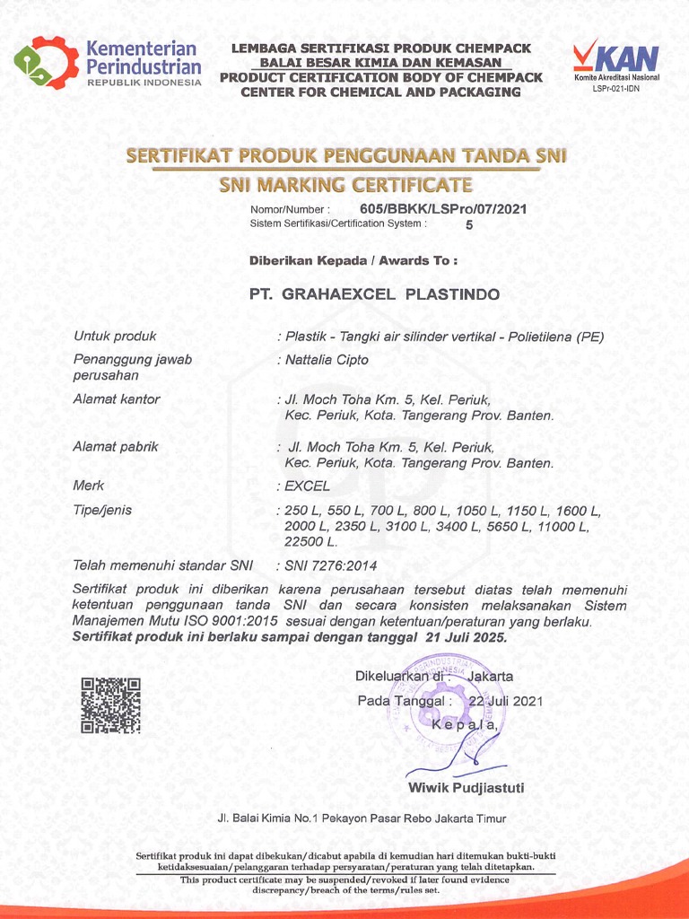 Sertifikat SNI PT Grahaexcel Plastindo | PDF