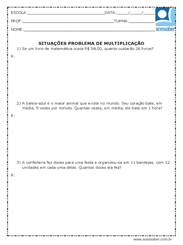 Atividade de Matematica Situacoes Problema de Multiplicacao 5 Ano e 6 Ano | PDF