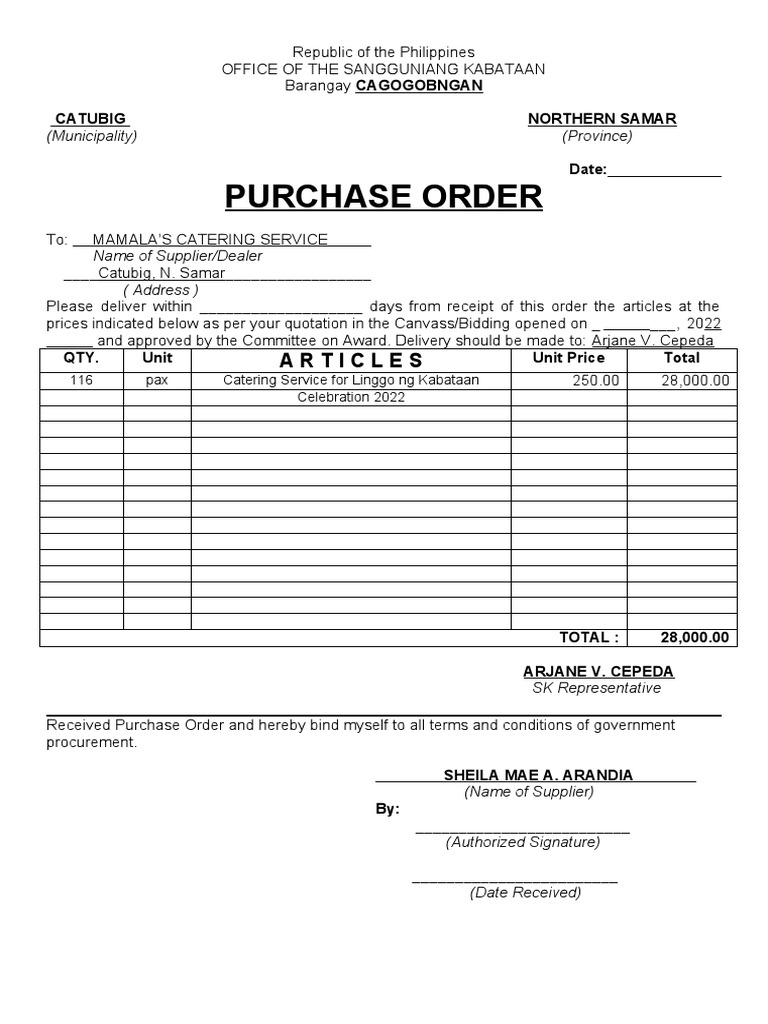 PURCHASE ORDER - Form Cagogobngan | PDF
