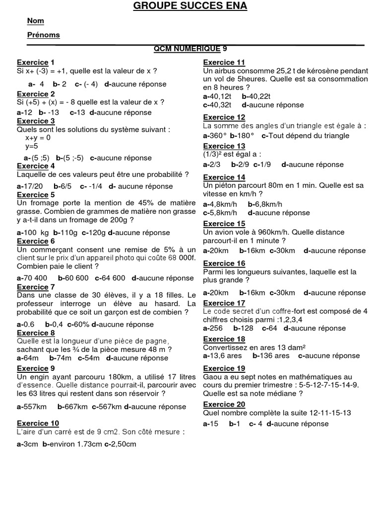 QCM Aptitude Numerique Numero 9 Ena | PDF | Transport | Aviation