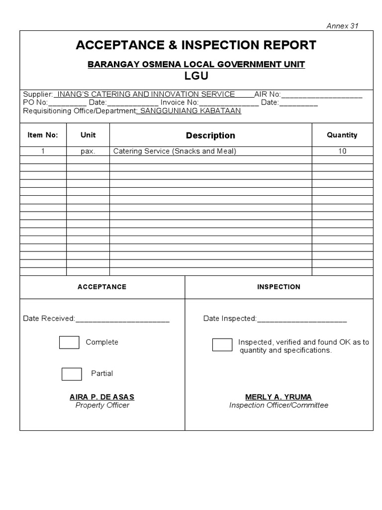 form ACCEPTANCE & INSPECTION REPORT | PDF