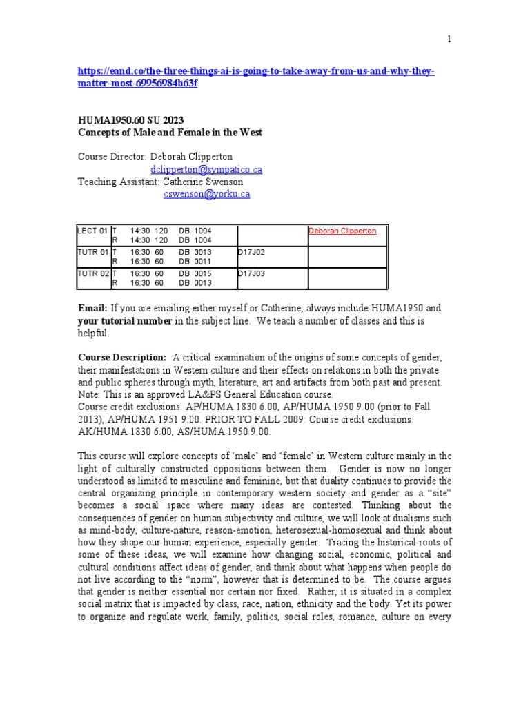 HUMA1950SU 2023 Syllabus | PDF | Turnitin | Gender