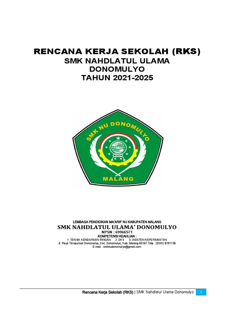 Rencana Kerja Sekolah (RKS) SMK Nahdlatul Ulama Donomulyo 2021 - 2025 | PDF