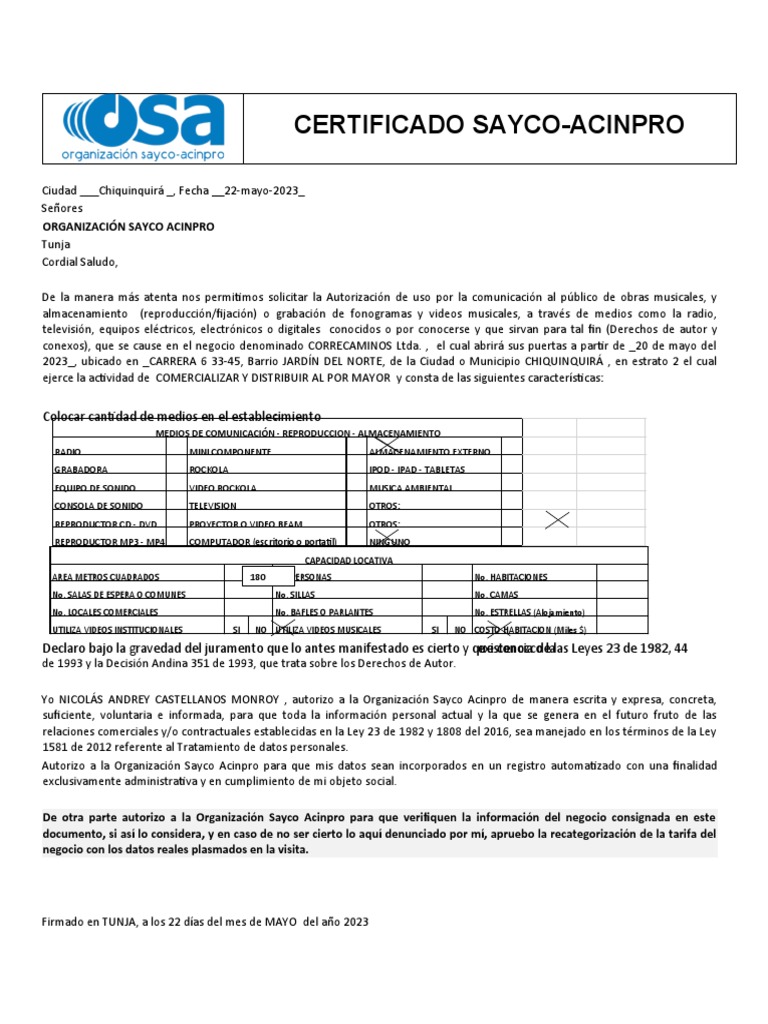Certificado Sayco y Acinpro | PDF | Informática | Tecnología de ...