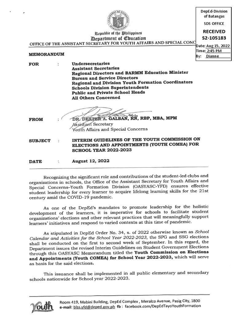 OASYASC Memo Interim Guidelines Youth COMEA 2022 2023 | PDF | Elections | Voting