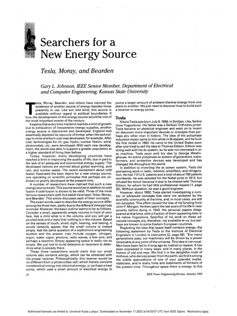 Searchers For A New Energy Source Tesla Moray and Bearden | PDF
