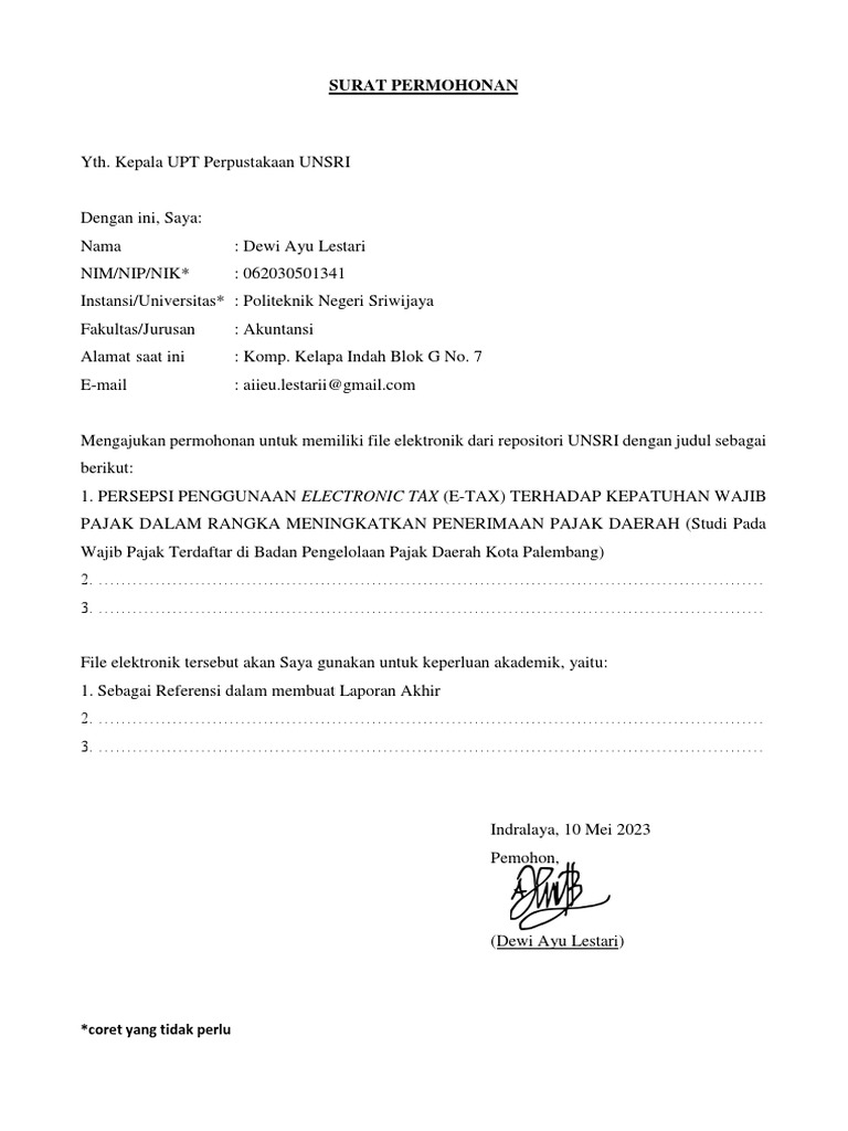 Surat Permohonan File Elektronik Repositori UNSRI (DEWI AYU LESTARI) | PDF