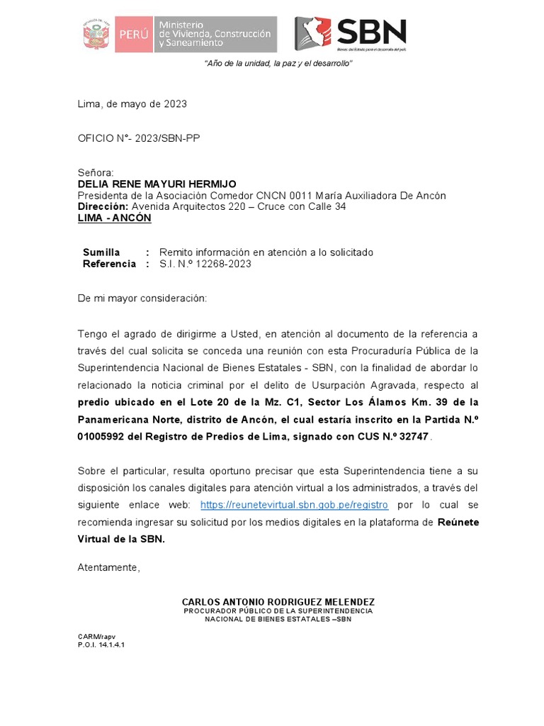 Oficio N° - 2023-SBN-PP (Ancón) | PDF