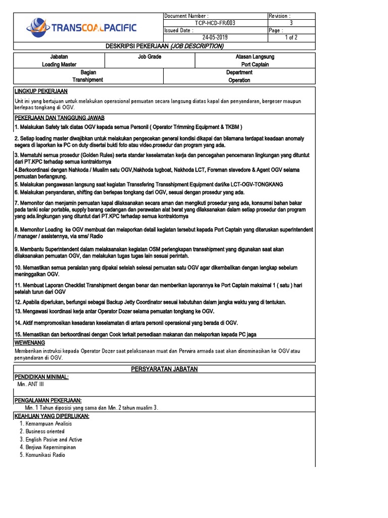 Deskripsi Pekerjaan Loading Master TBR Dan LTT (M Afe Yuliatmo) | PDF
