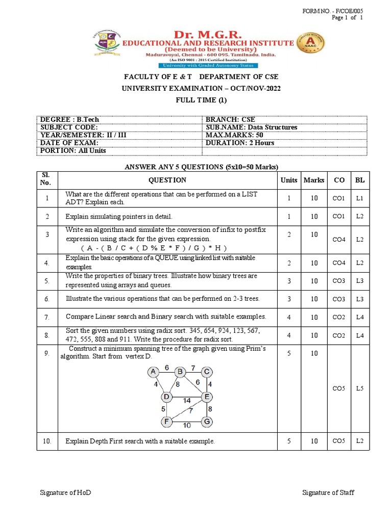 University Question Paper Ds | PDF | Computing | Algorithms University Question Paper Ds | PDF | Computing | Algorithms