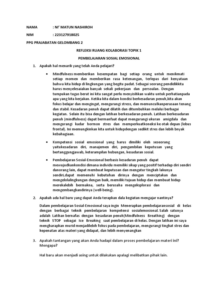 Ni'matun Nashiroh-223127918025-Refleksi-Pse-Topik 1 | PDF Ni'matun Nashiroh-223127918025-Refleksi-Pse-Topik 1 | PDF