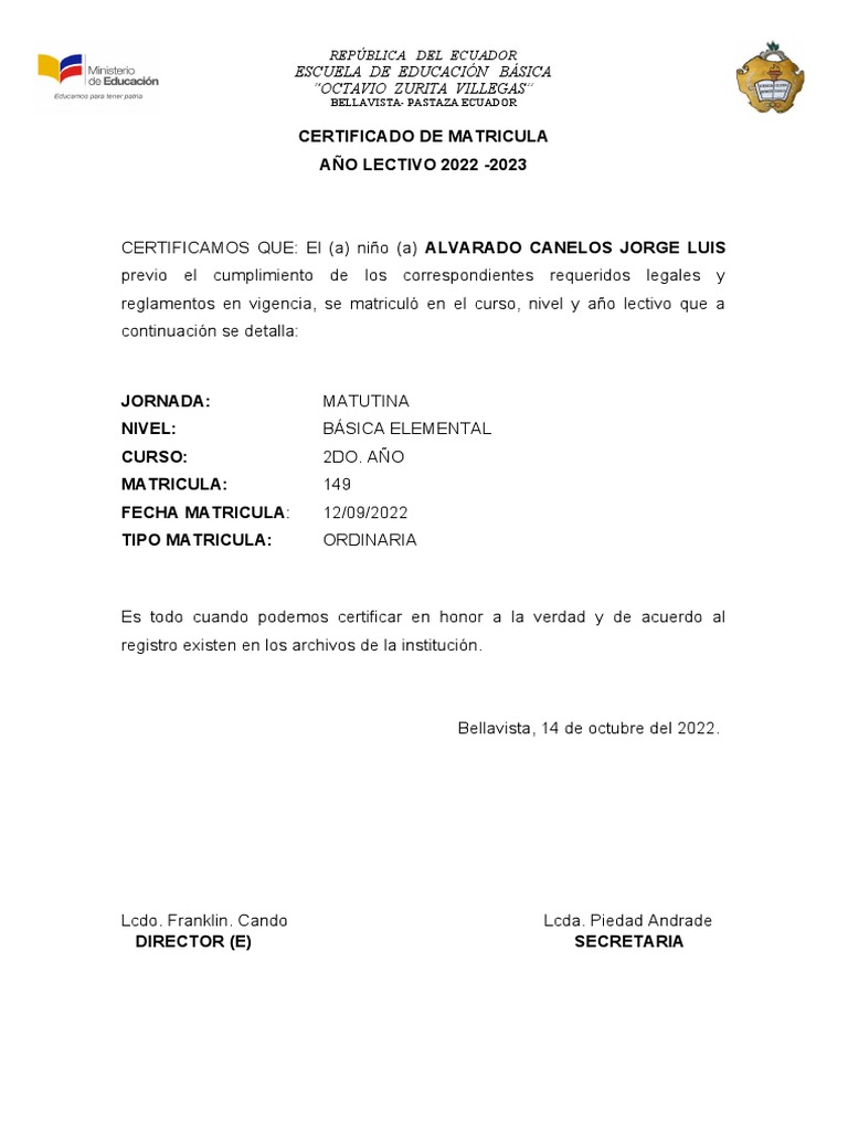 Certificado-De-Matricula Segundo | PDF | Educación primaria | Etapas ...