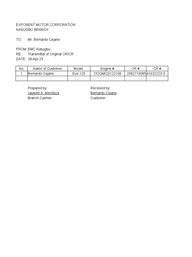 Transmittal of Orcr | PDF
