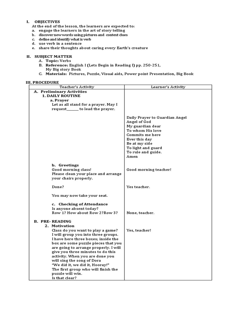 Detailed Lesson Plan Verbs For Grade 1 | PDF | Teachers | Prayer