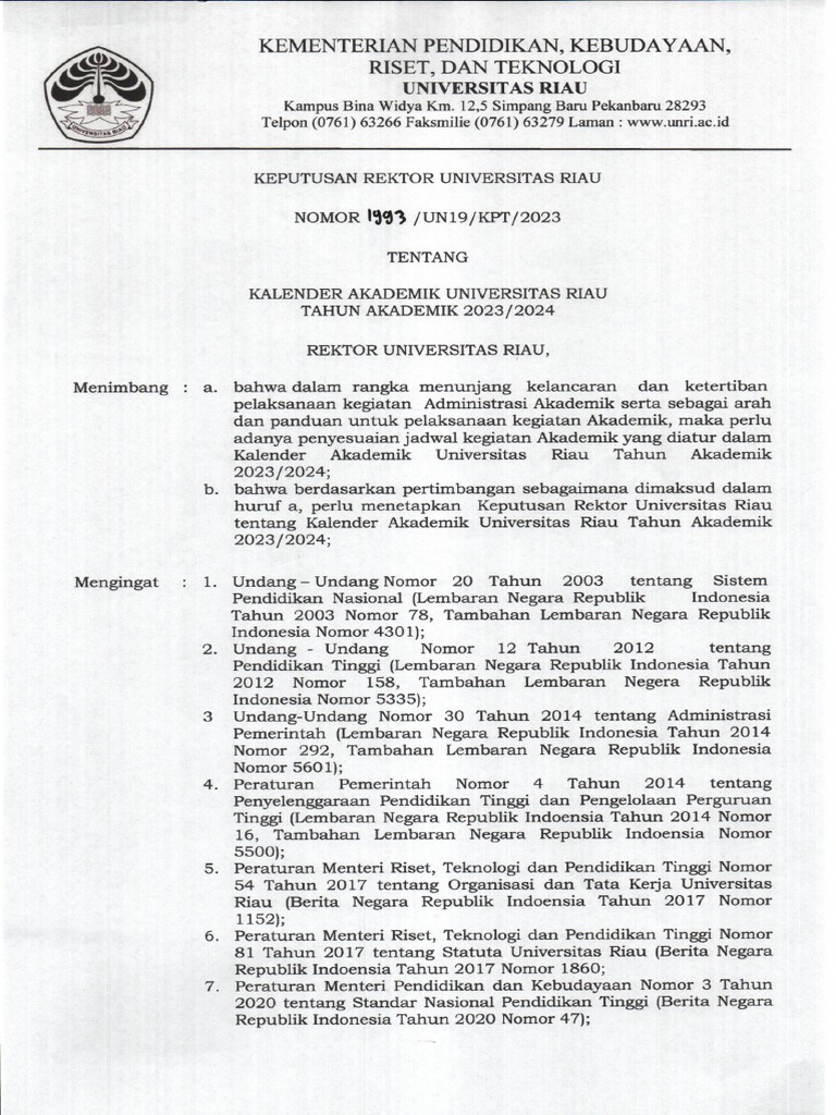 Kalender Akademik Unri Ta 2023-2024 | PDF