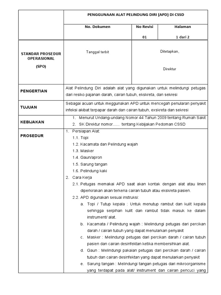 SPO CSSD- PENGGUNAAN APD DI CSSD | PDF