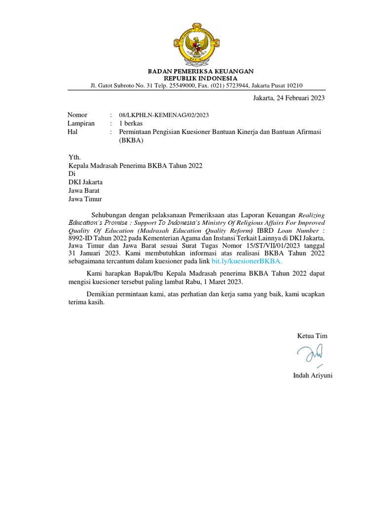 Surat Permintaan Pengisian Kuesioner BKBA Tahun 2022 | PDF | Bisnis