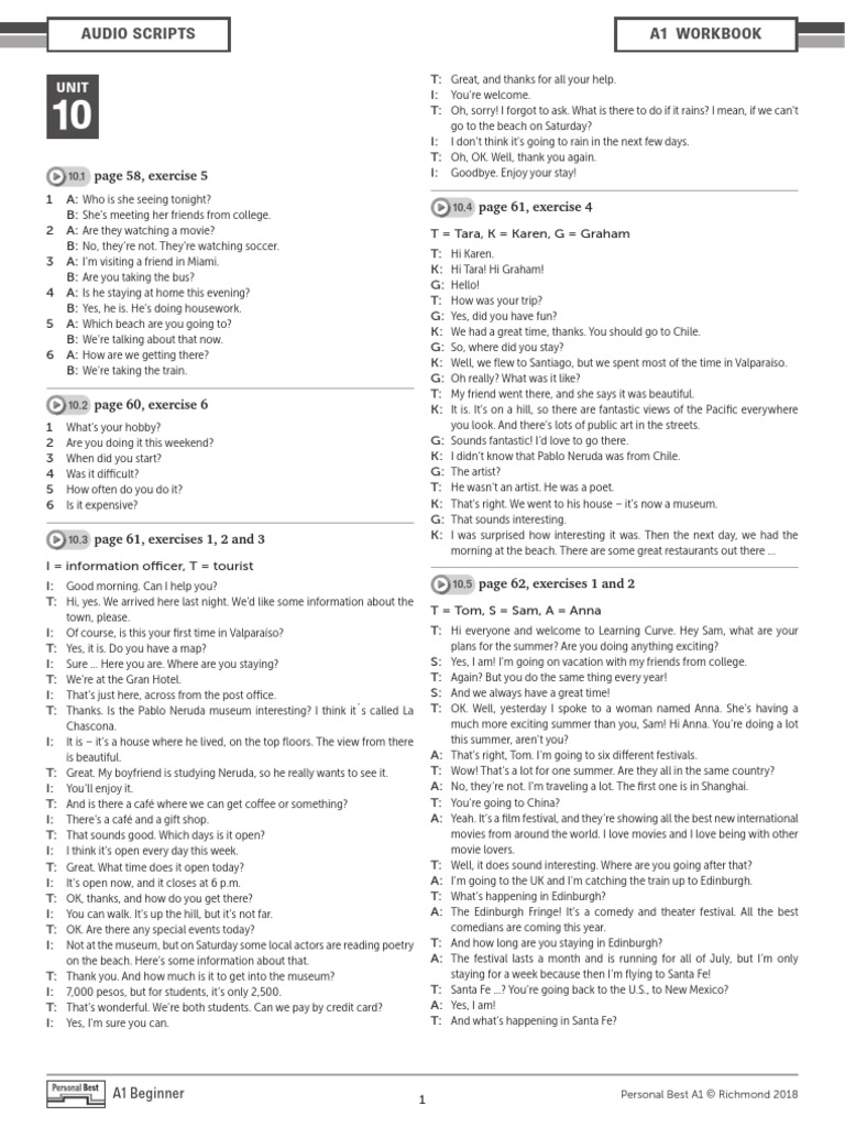 Solucionario PB - AmE - A1 - WB - Audioscript - U10 | PDF