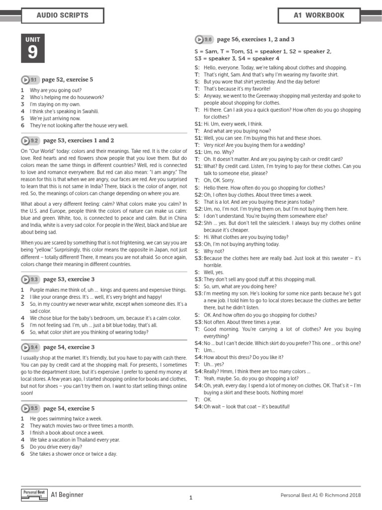 Solucionario PB - AmE - A1 - WB - Audioscript - U9 | PDF