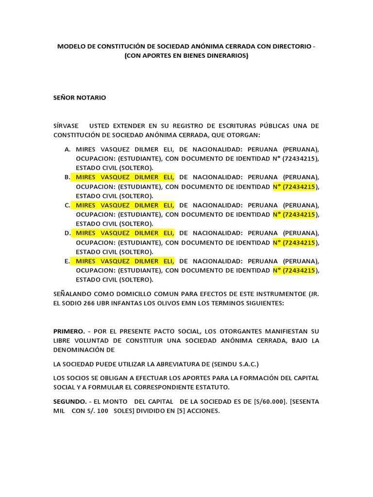 Modelo de Constitución de Sociedad Anónima Cerrada Con Directorio | PDF