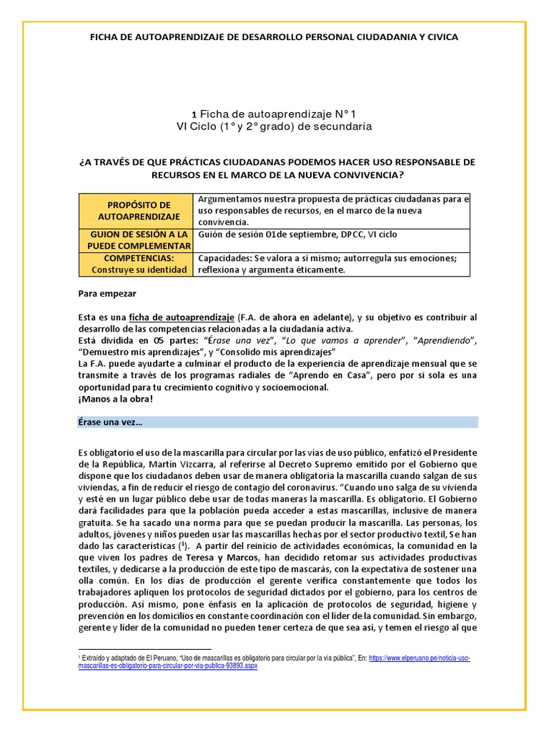 Ficha 1 DPCC 1. 2 | PDF | Aprendizaje
