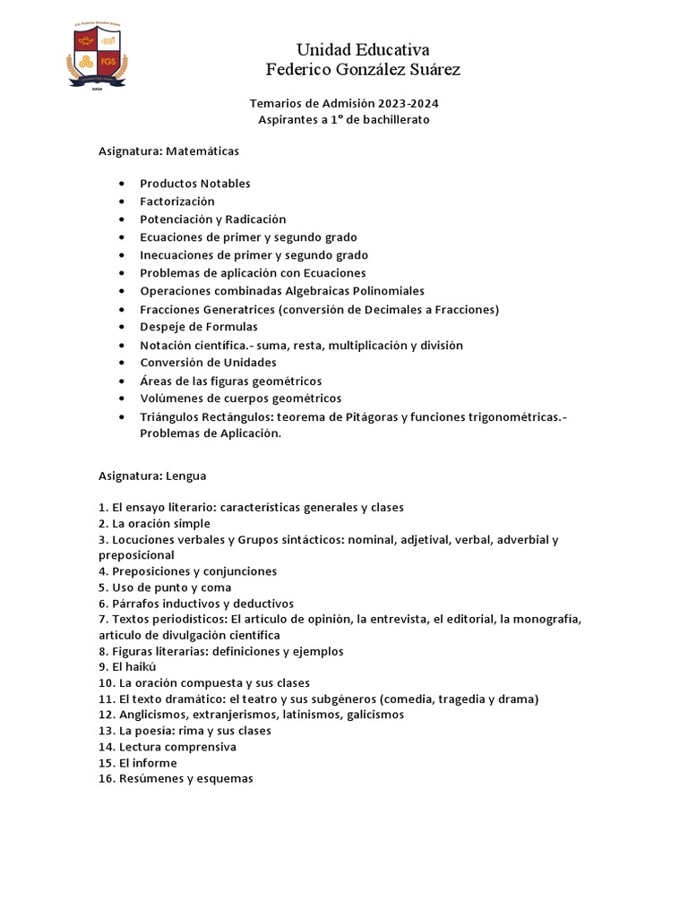 Temarios - 1° de bachillerato | PDF | Matemáticas | Matemática Elemental